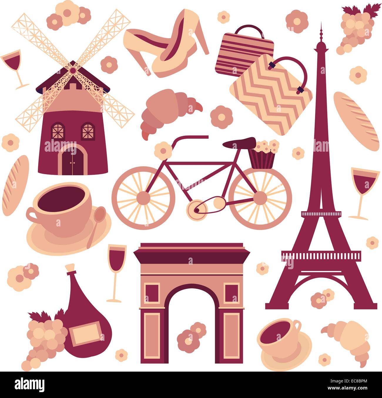Paris symbols collection of eiffel tower french croissant coffee and ...