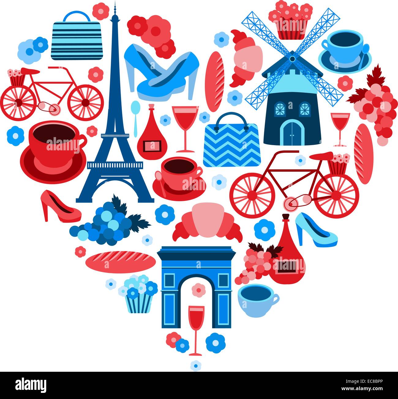Love Paris heart symbol with icons set isolated vector illustration ...