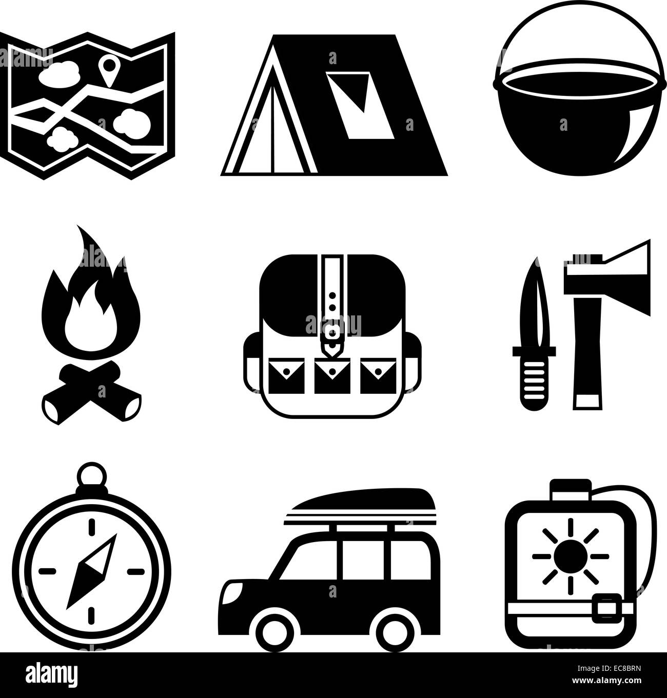 Outdoors tourism camping flat pictograms set of campfire tent backpack ...