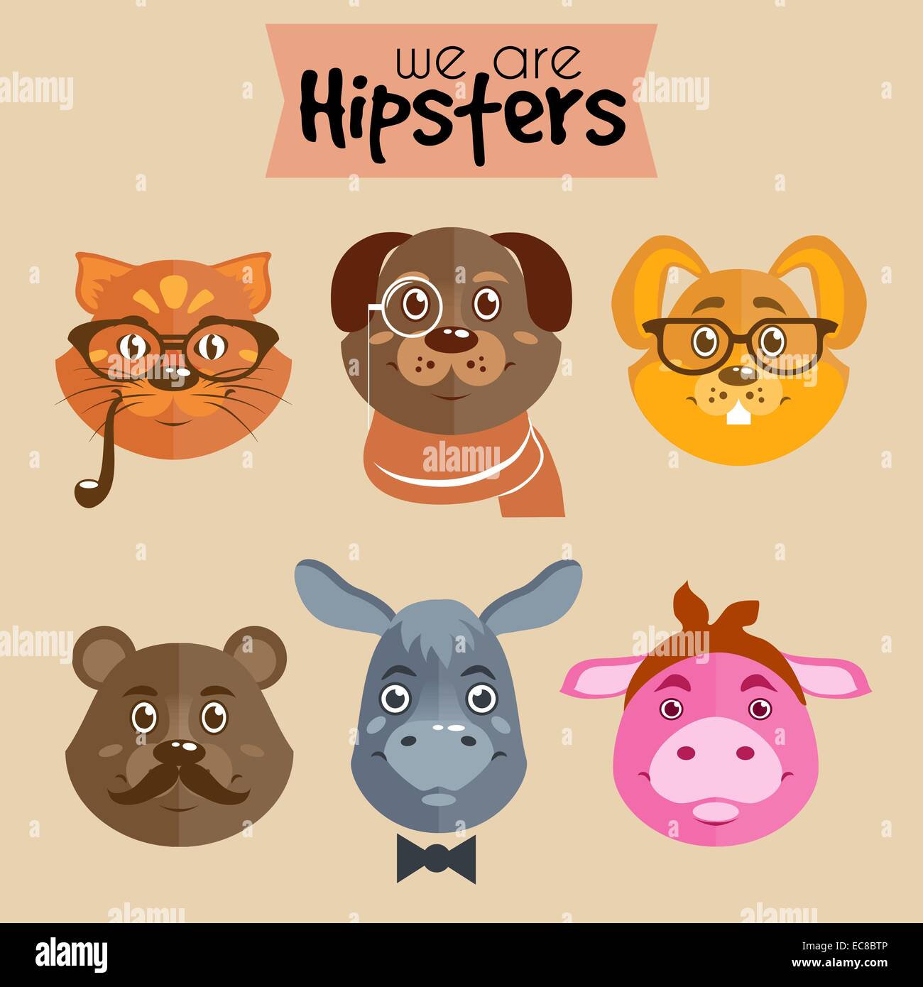 Collection of hipster cartoon character animals cat dog rabbit bear pig ...
