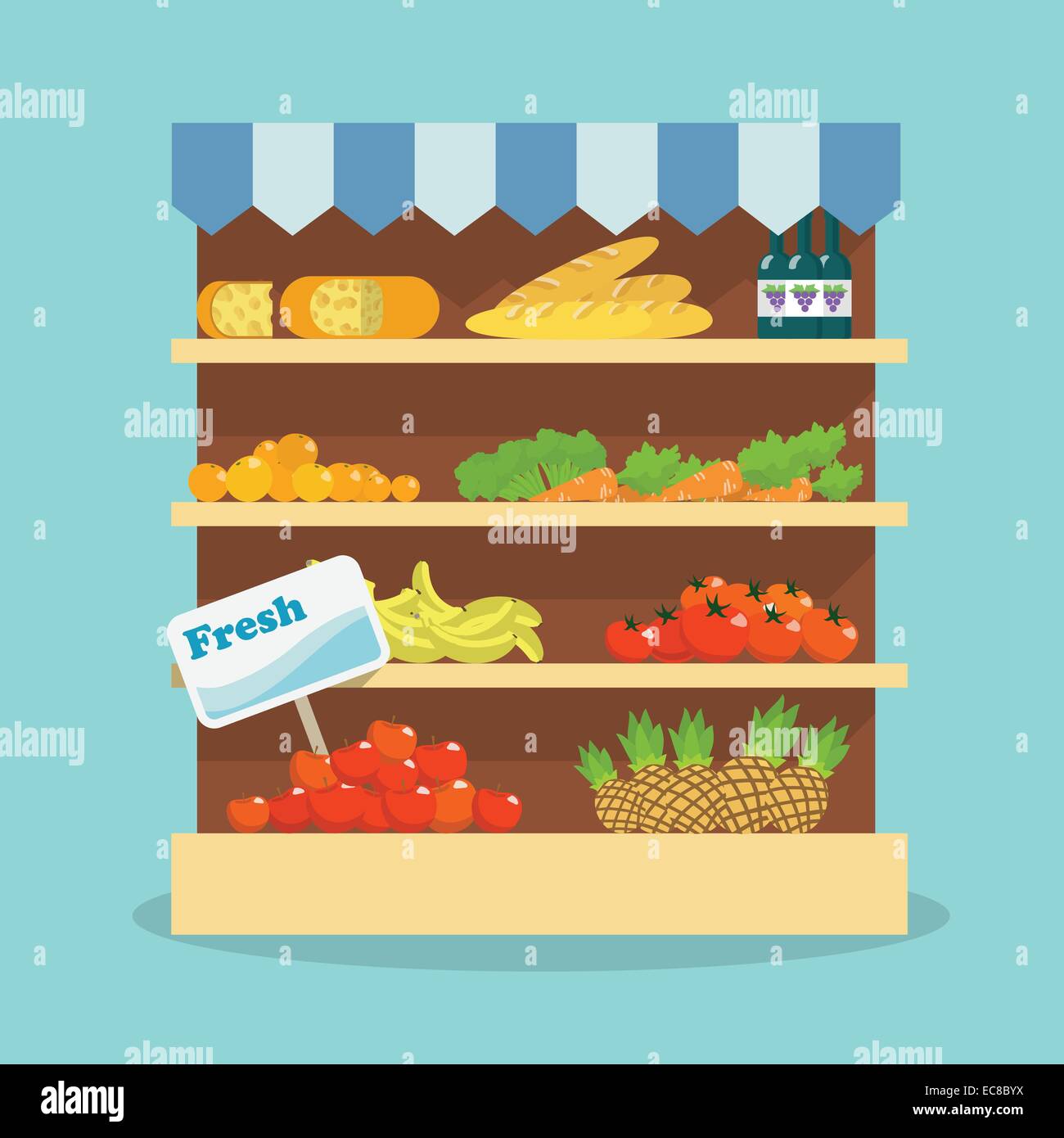 Supermarket grocery shelf layout with fresh fruits, vegetables, bread ...
