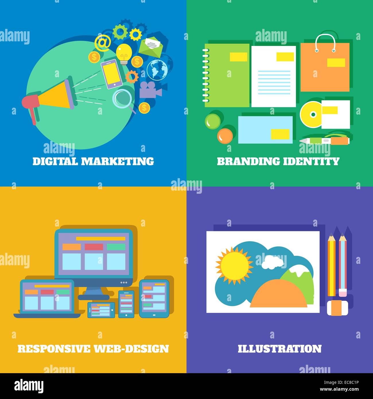 Icons set of digital marketing branding identity responsive web design ...