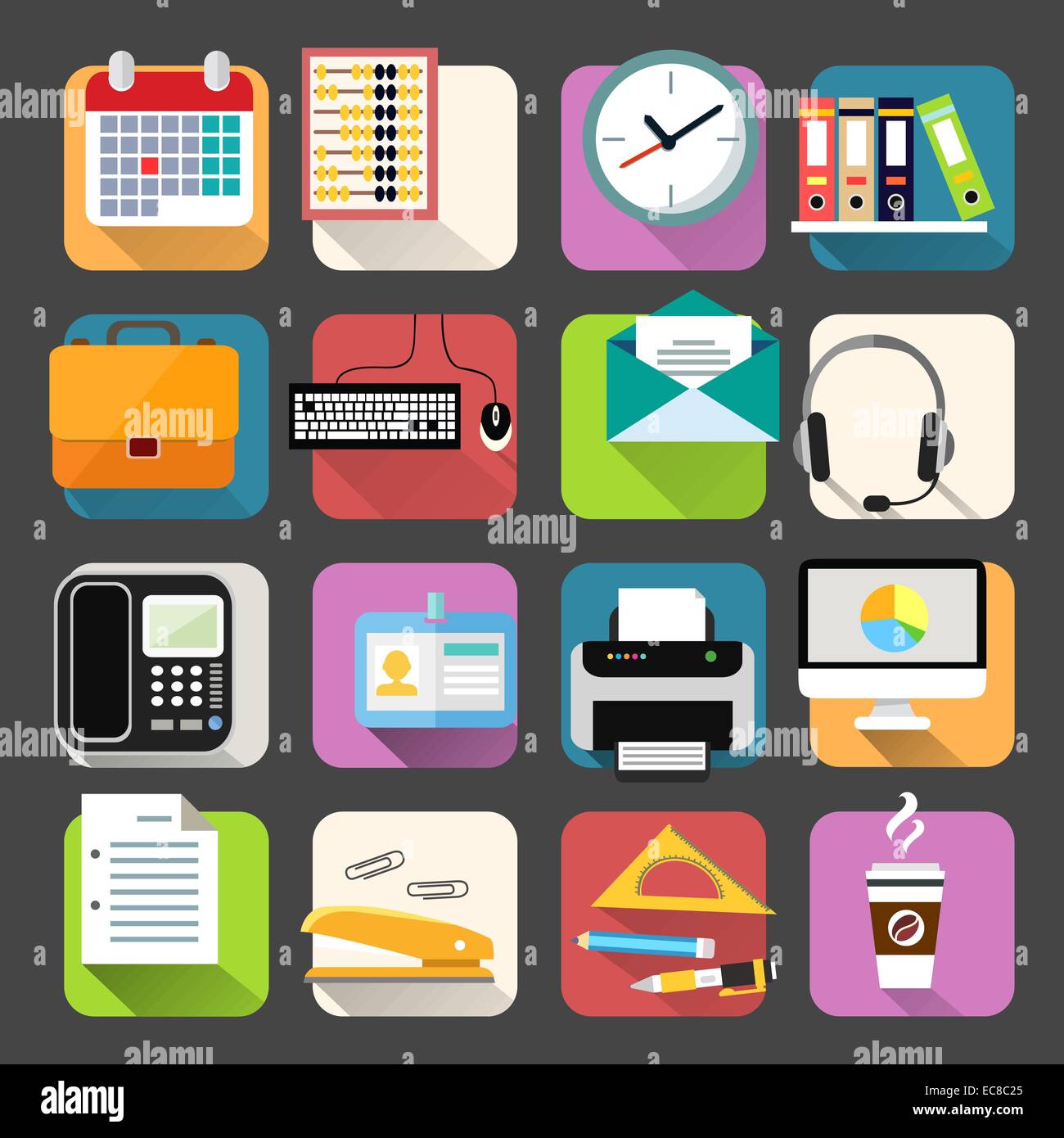 Business office stationery flat icons set of clock coffee briefcase and ...