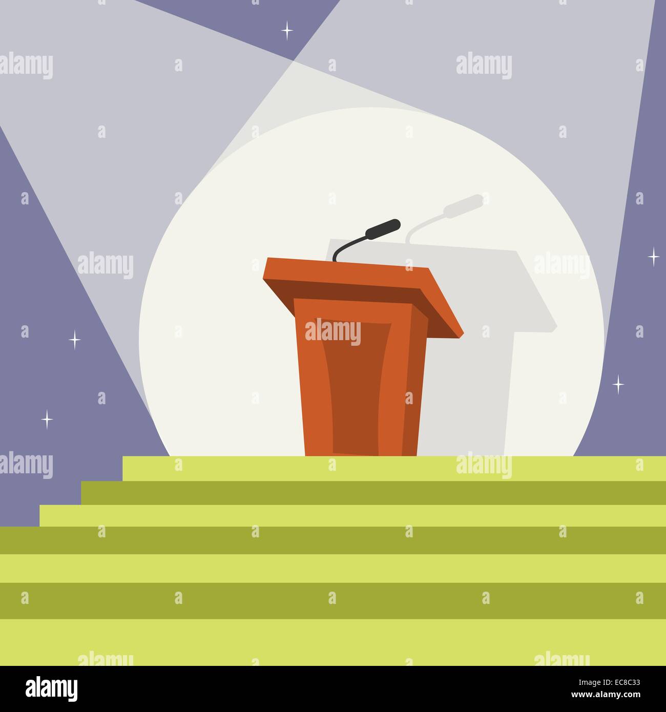 Illuminated tribune podium with microphone in spotlight and stairs ...