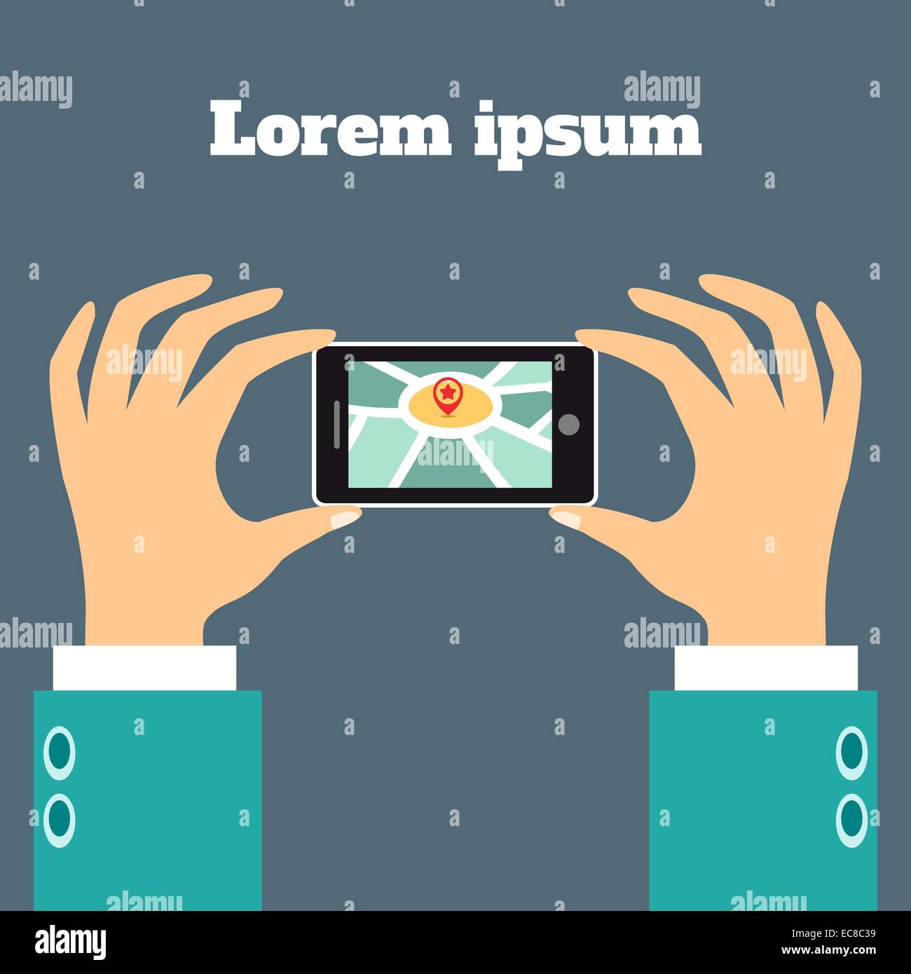Hands holding smartphone mobile navigation map poster template vector ...