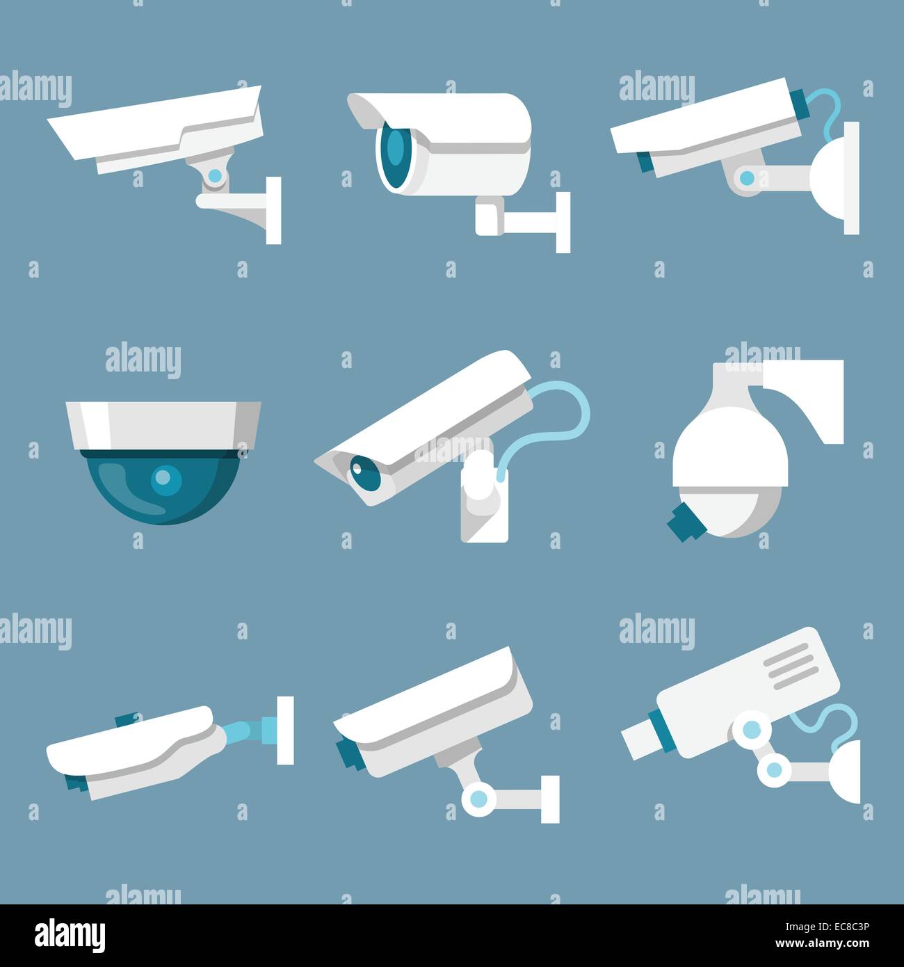 24 hours security surveillance camera or CCTV icons set white on color ...
