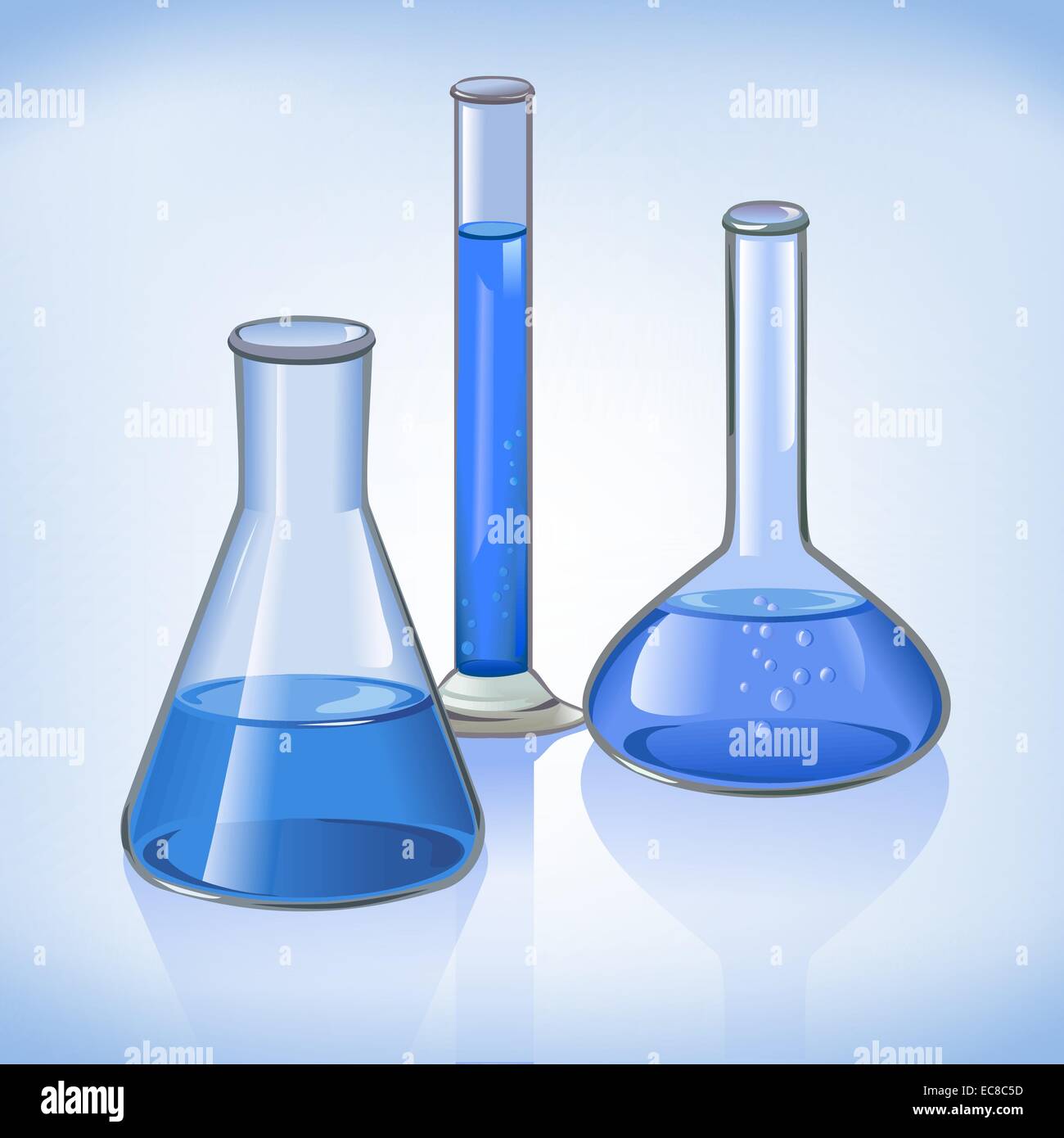Science laboratory flasks glassware template on blue still life symbol ...