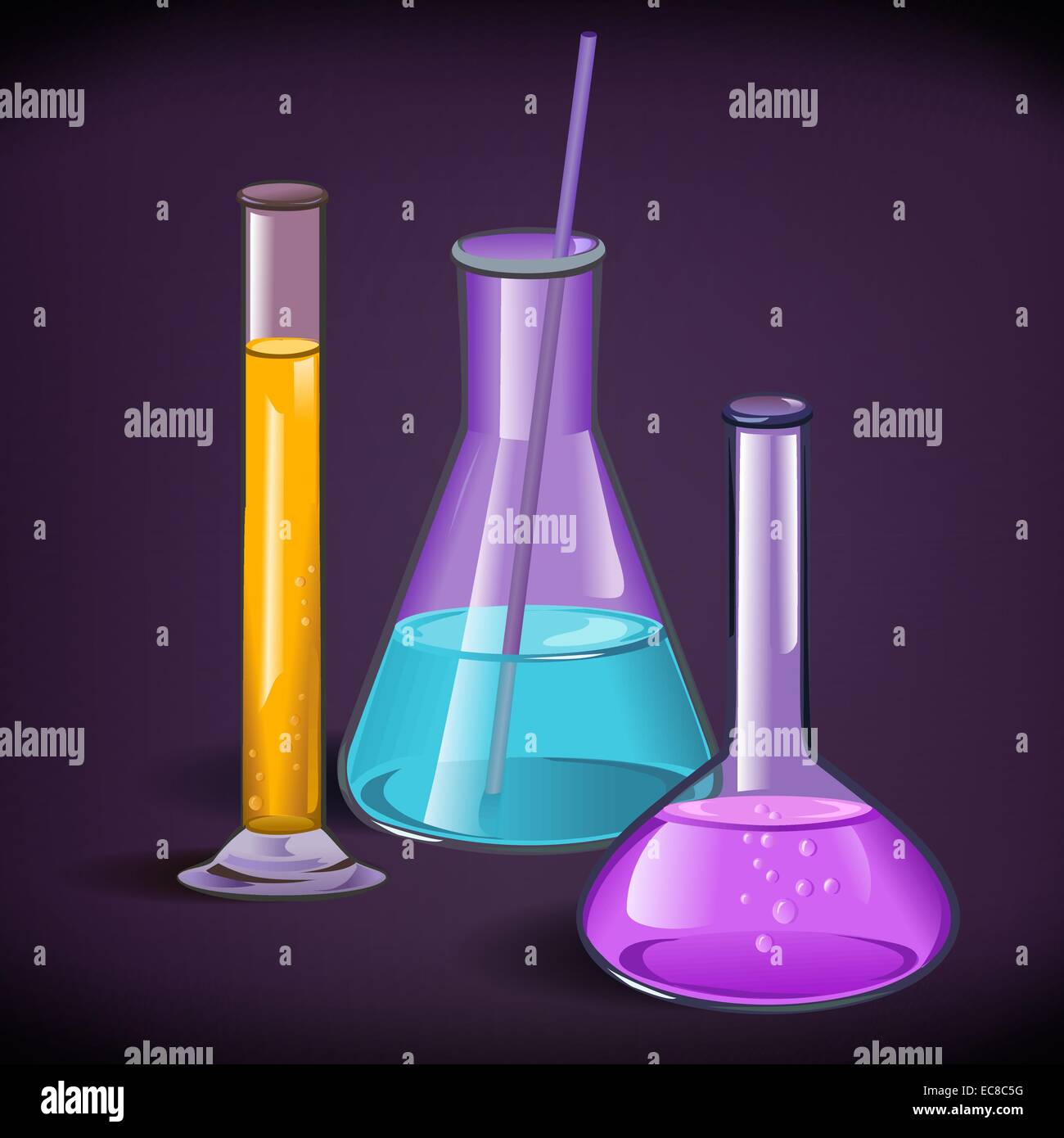 Chemical laboratory set of flasks glassware with tube and cork on ...