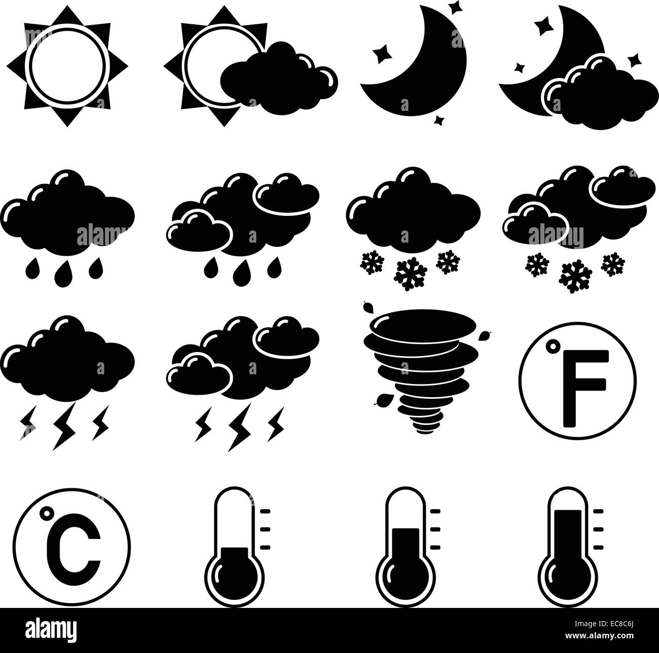 Weather forecast symbols black pictograms set of hot cold temperature ...