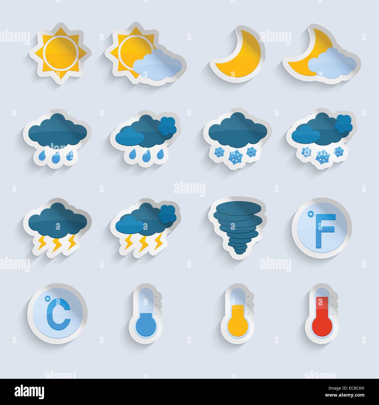 Weather forecast symbols paper stickers set of sun clouds rain and snow ...