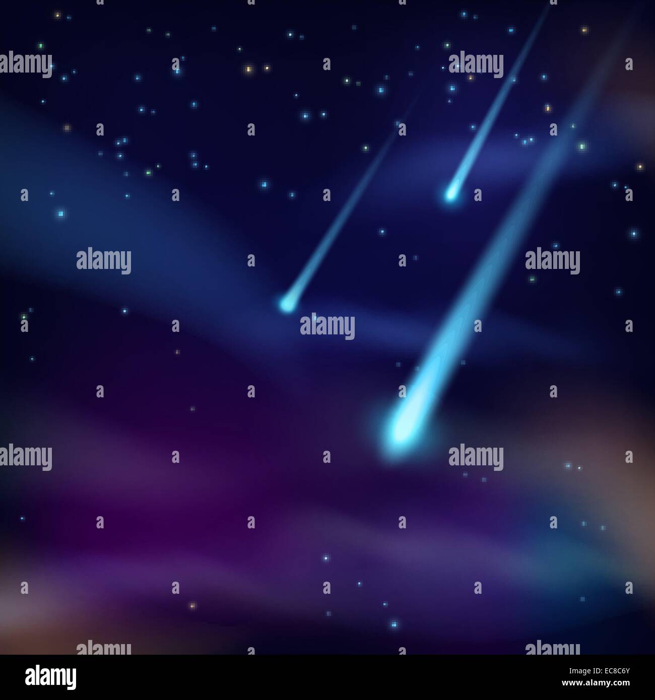 Night sky with twinkling stars and flying comets on dark background ...