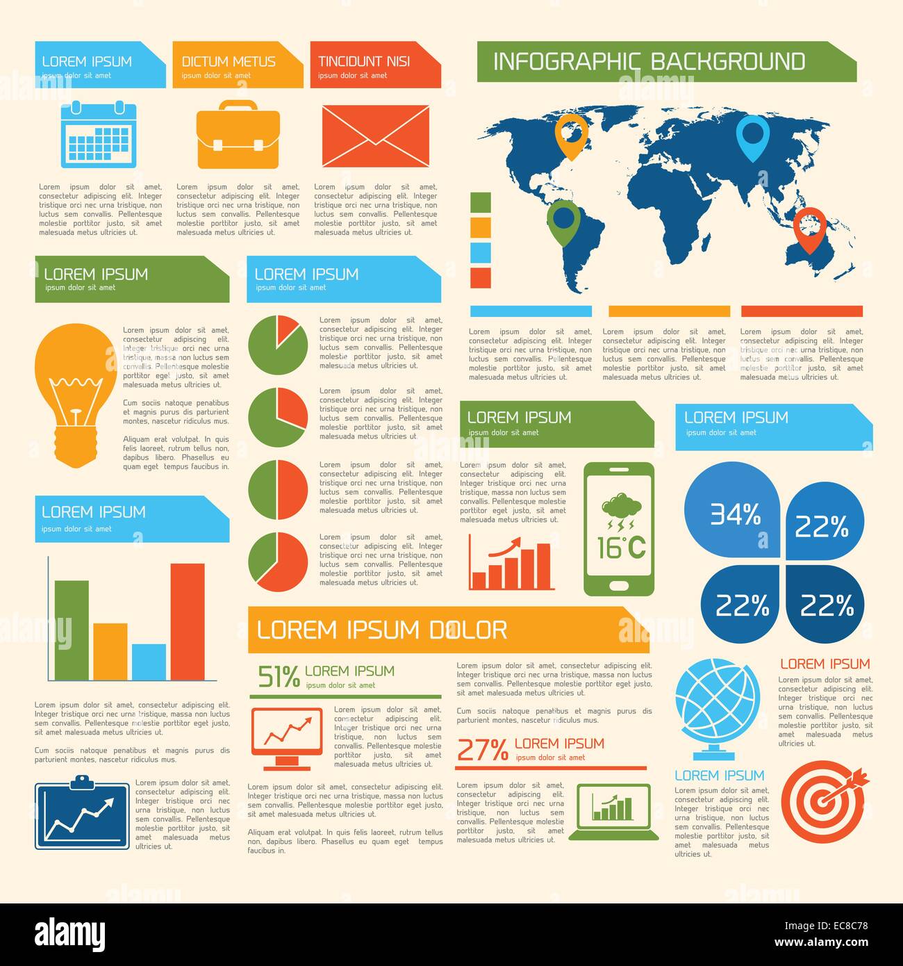Business infographic elements set with world map charts and office work ...