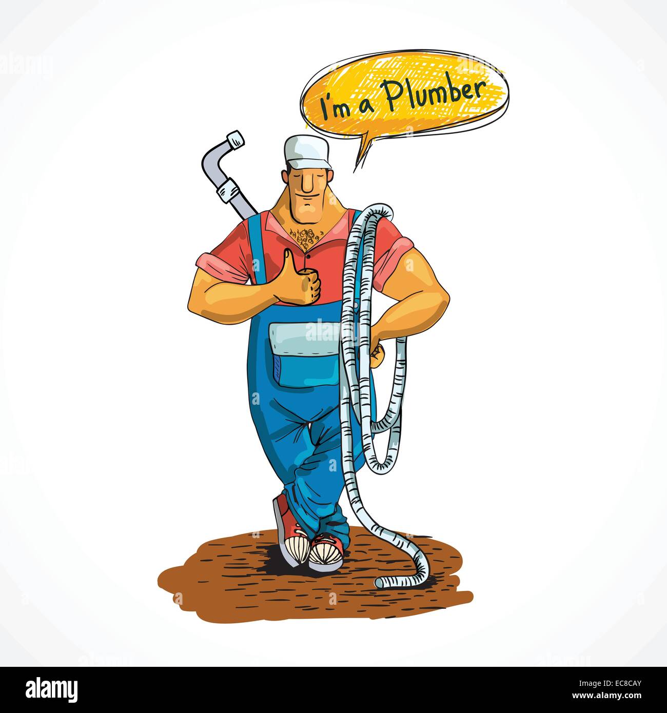 Muscular plumber with water pipe and hose thumbs up character vector ...