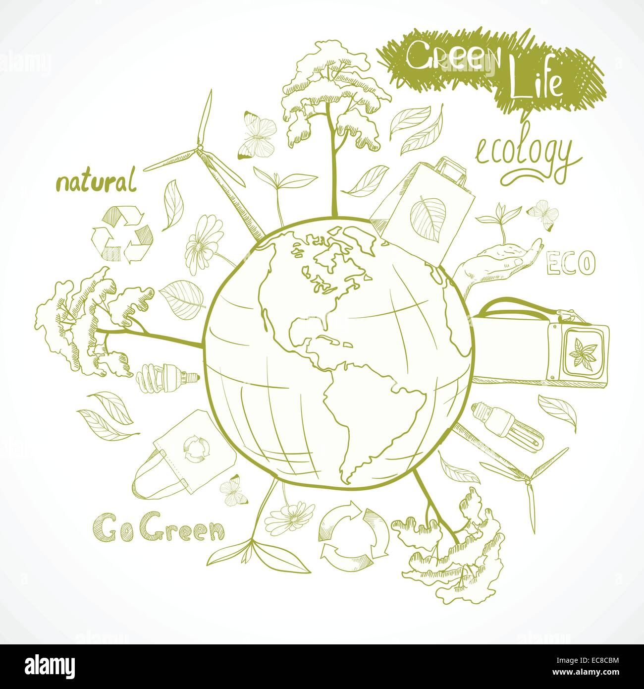Doodle ecology and energy concept with tree leaf flower around the ...
