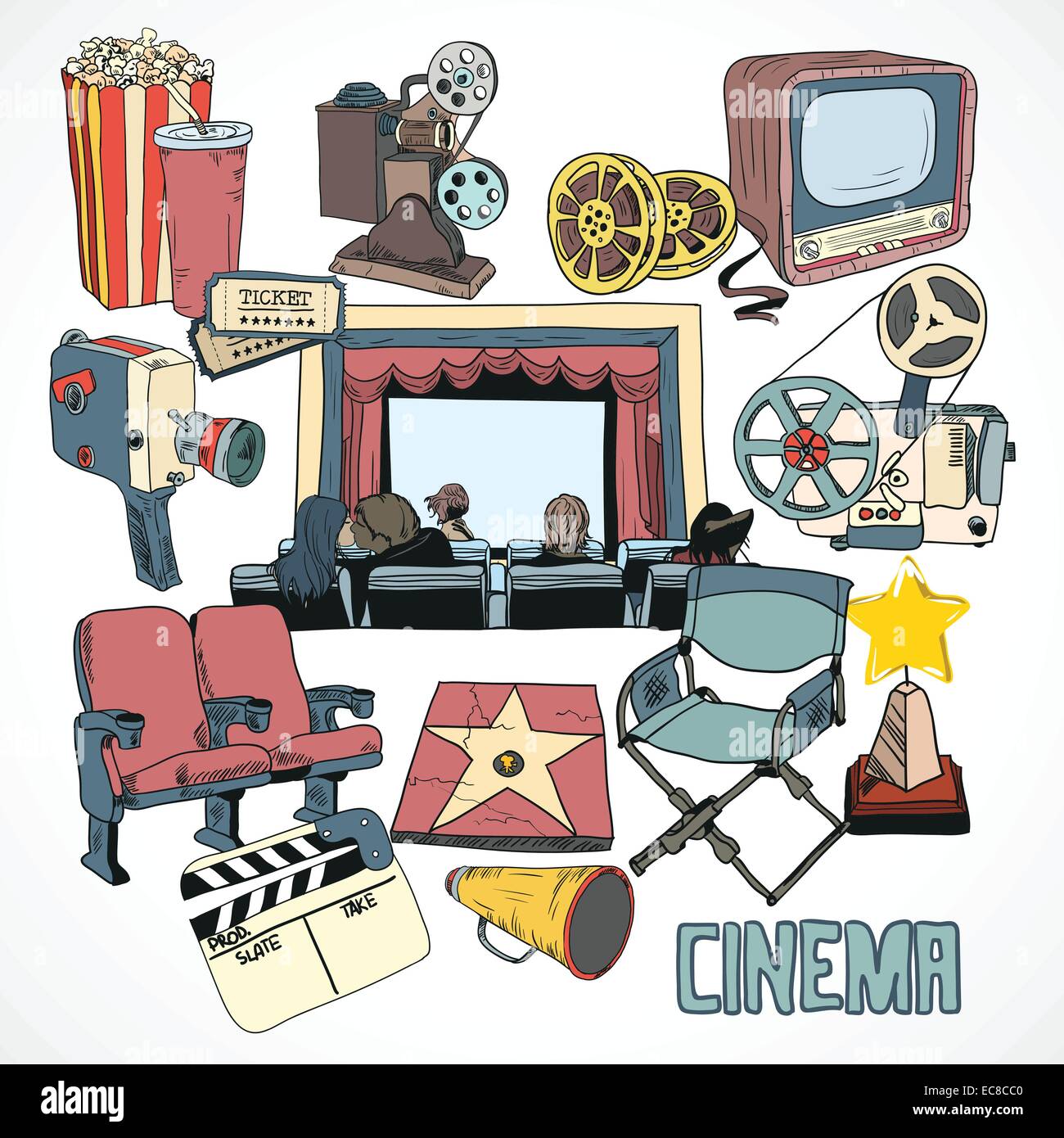 Vintage cinema with retro movie reel projector screen and couple ...