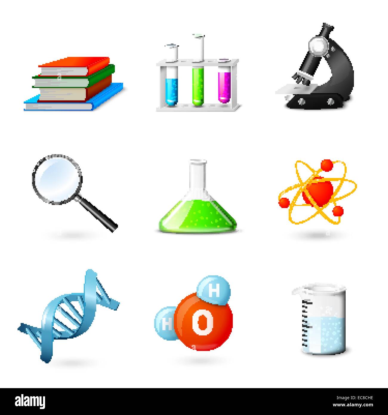 Science realistic icons set with books beakers microscope magnifier ...