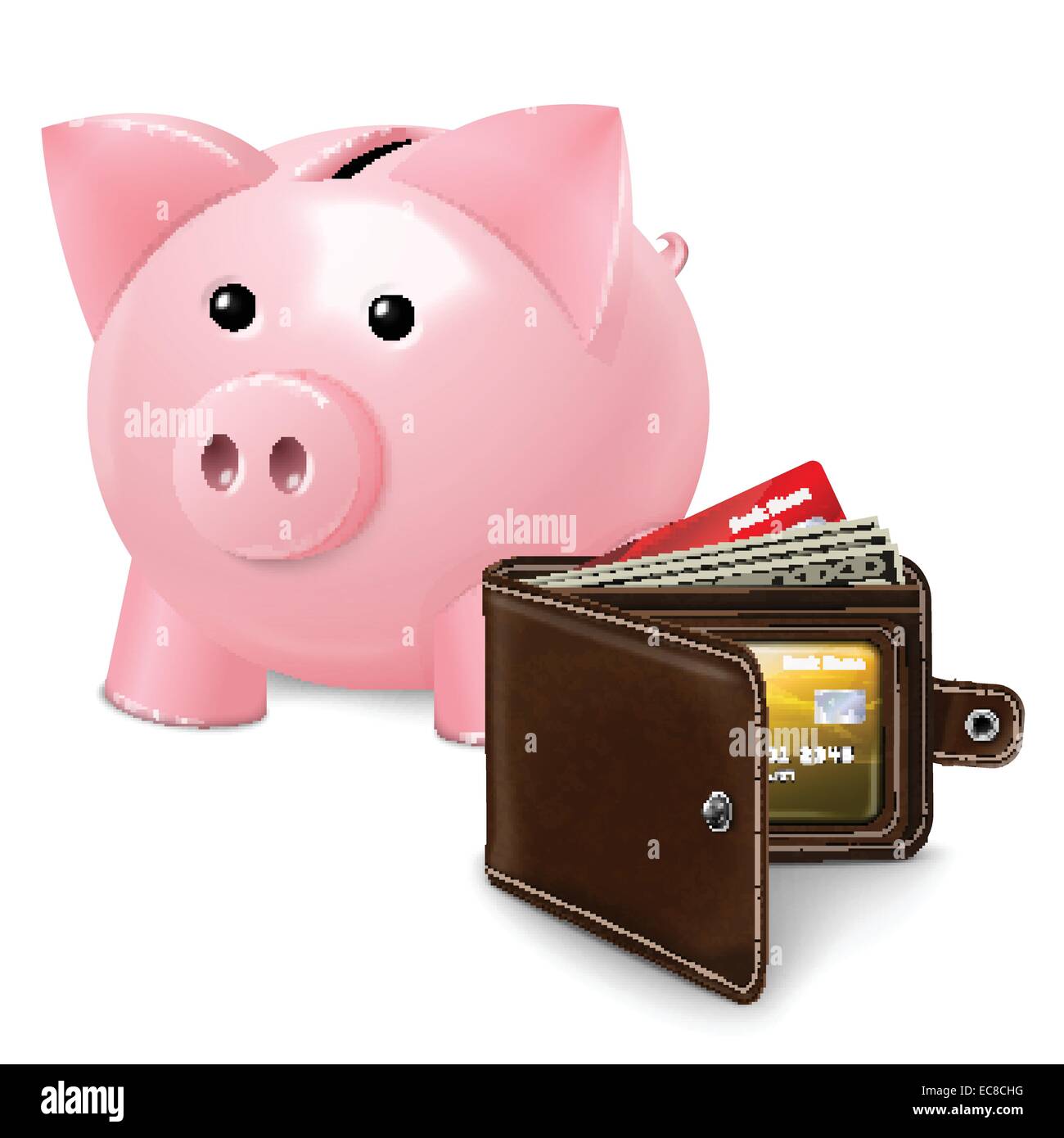 Piggy bank money box saving symbol with leather wallet money and credit ...