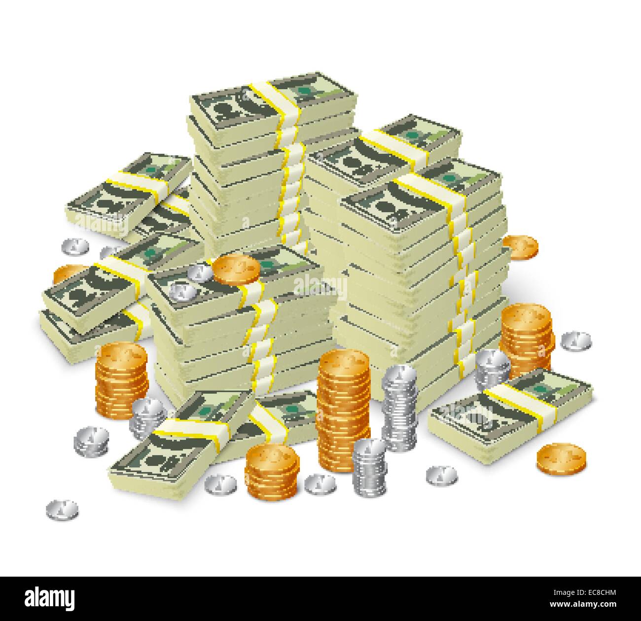 Realistic 3d dollar cash banknotes stack money and coins tower concept ...