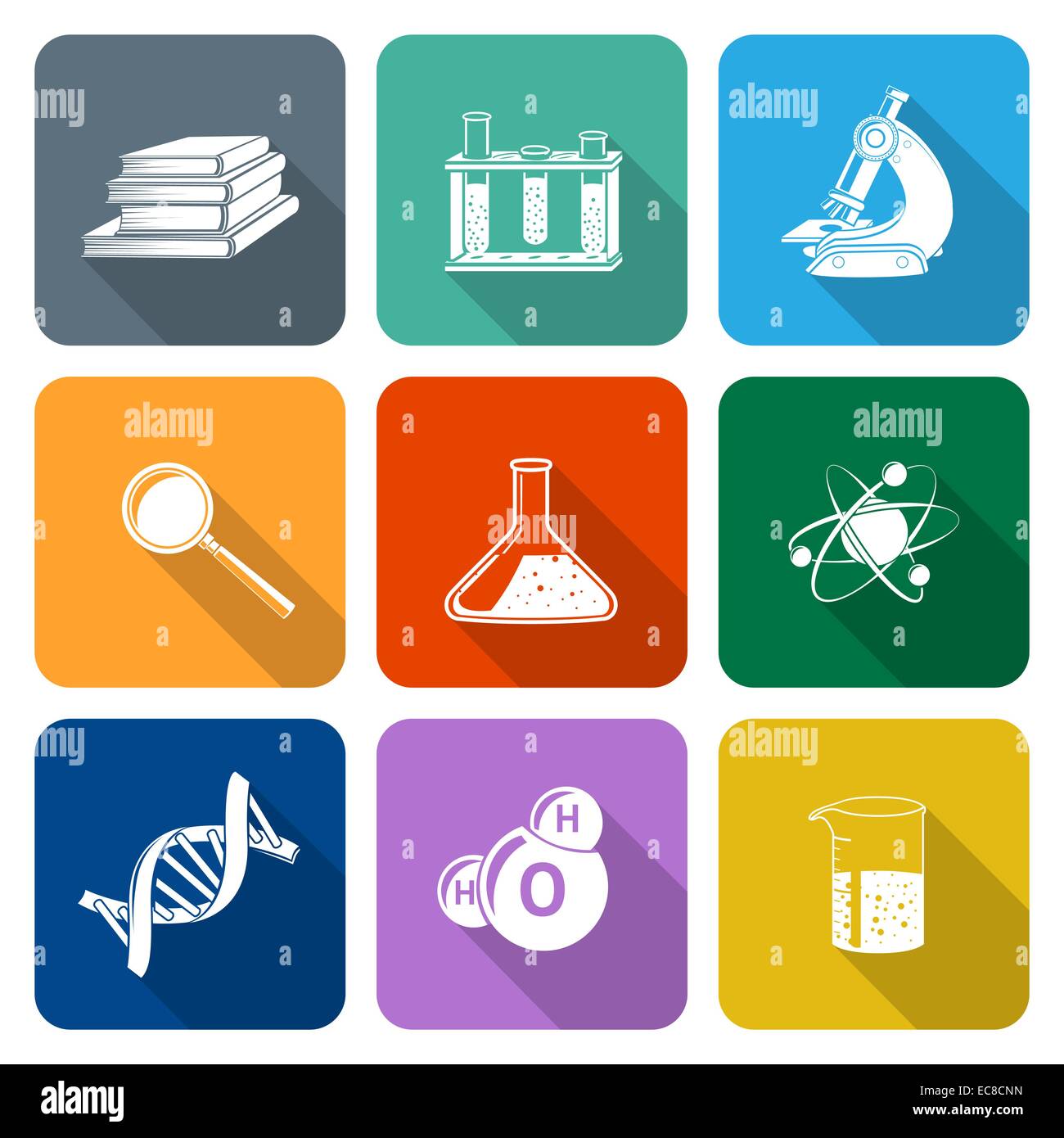 Flat science icons set with magnifier flask atom structure isolated ...