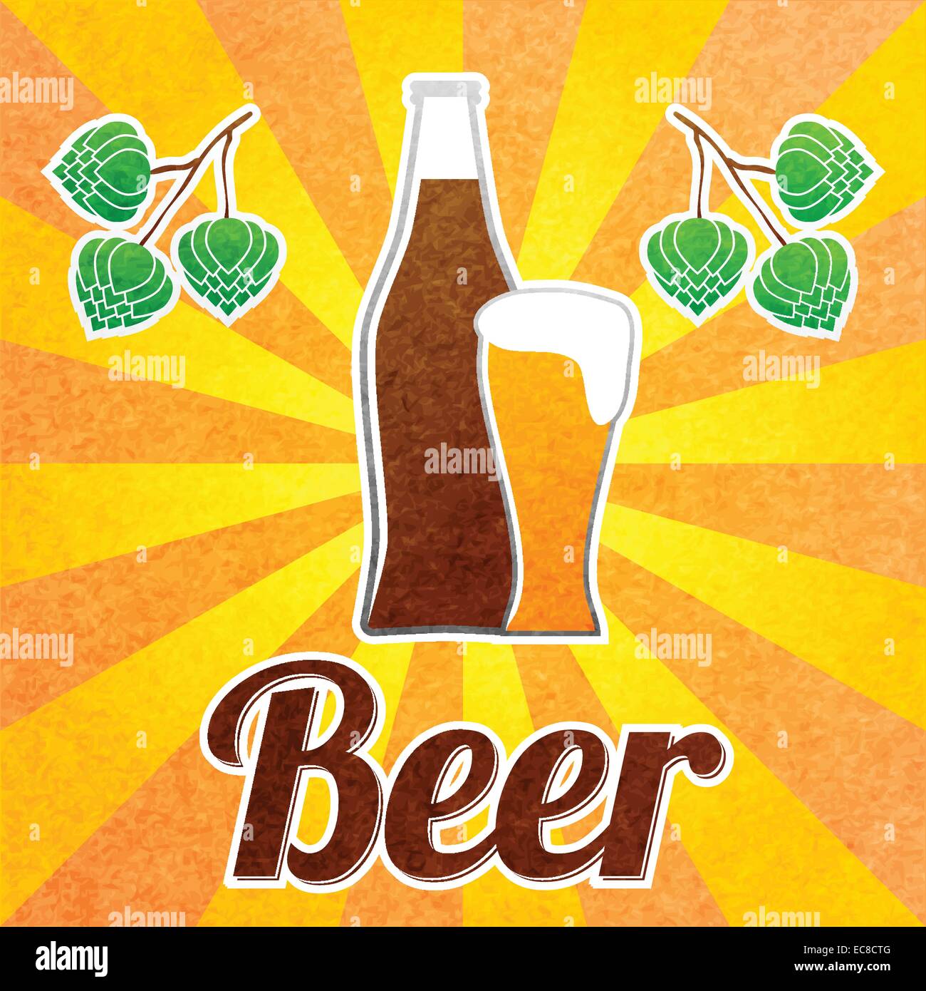 Beer bottle with glass hop and beams background poster vector ...