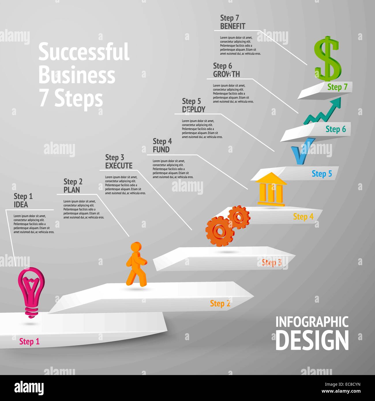 Ascending upward staircase uccessful business seven steps concept ...