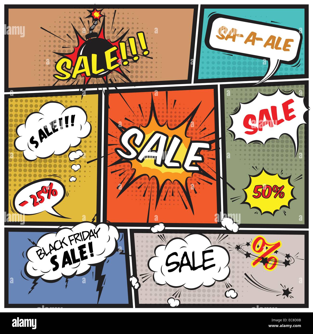 Comics best offer sale promotion bubbles on strip background vector ...