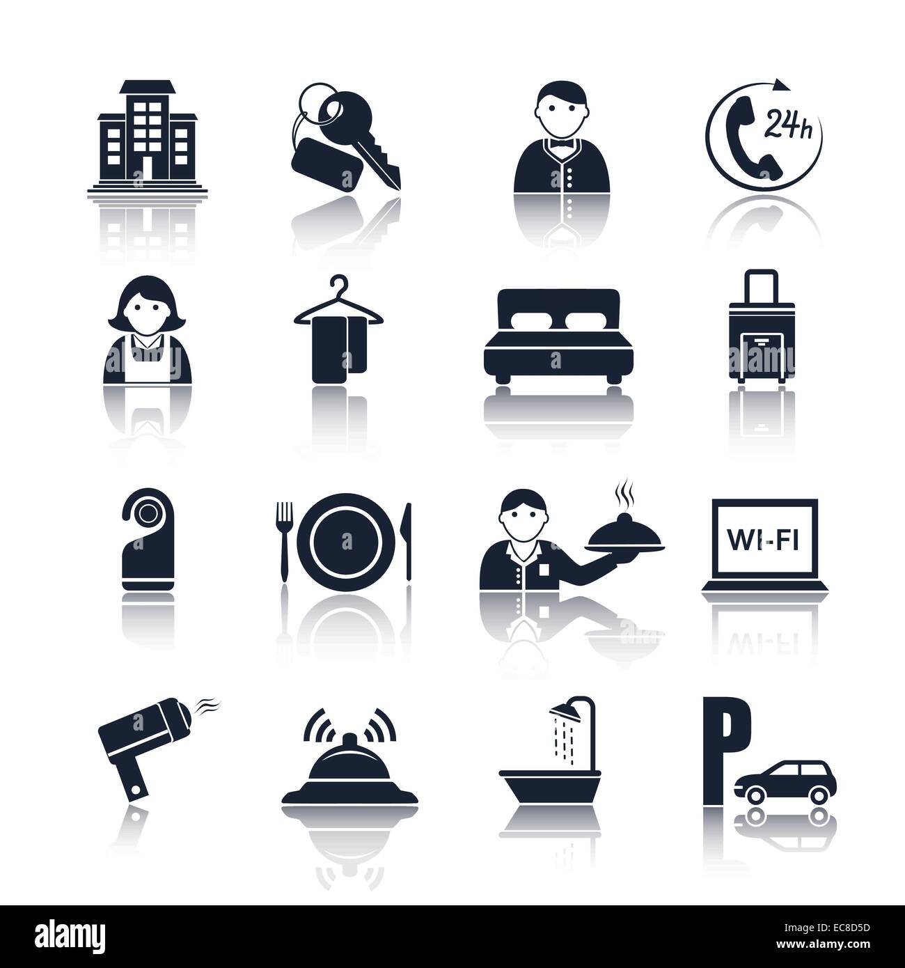 Hotel travel accommodation black pictograms set of room service maid ...