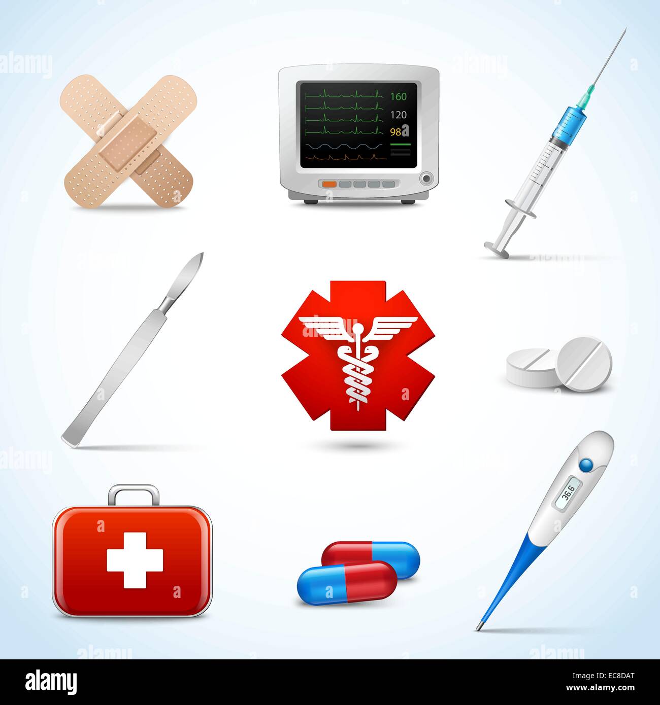 Realistic medical emergency services icons set with capsule sticking ...