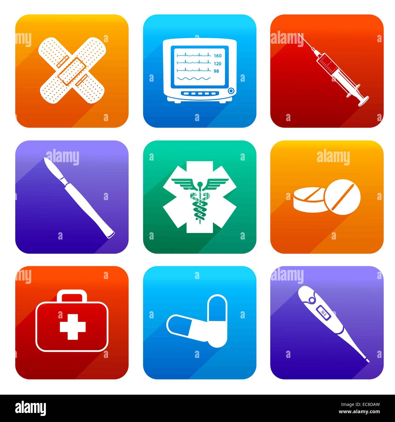 Flat medical emergency first aid care icons set with capsule sticking ...