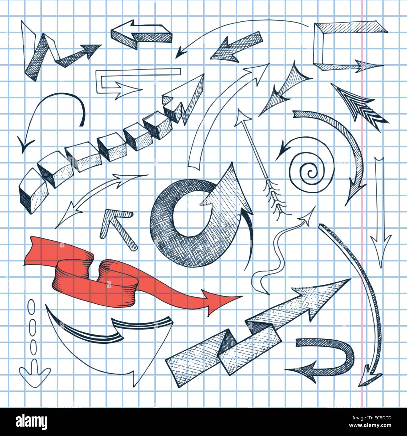 Colored hand drawn arrows on squared notebook page background icons set ...