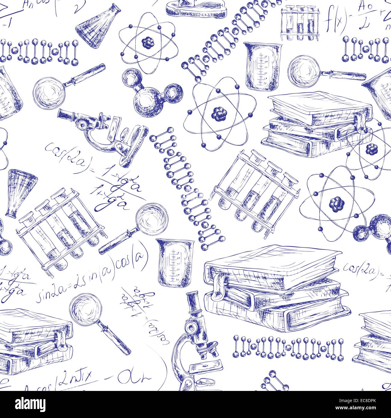 Science sketch seamless pattern with microscope flask atom dna ...