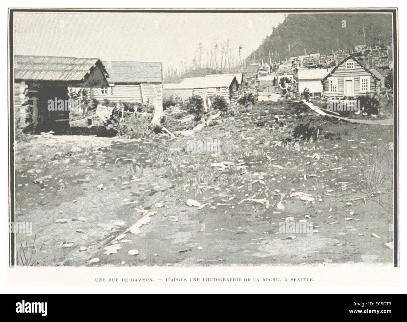 This 1899 illustration by Boillot depicts a street scene in Dawson ...