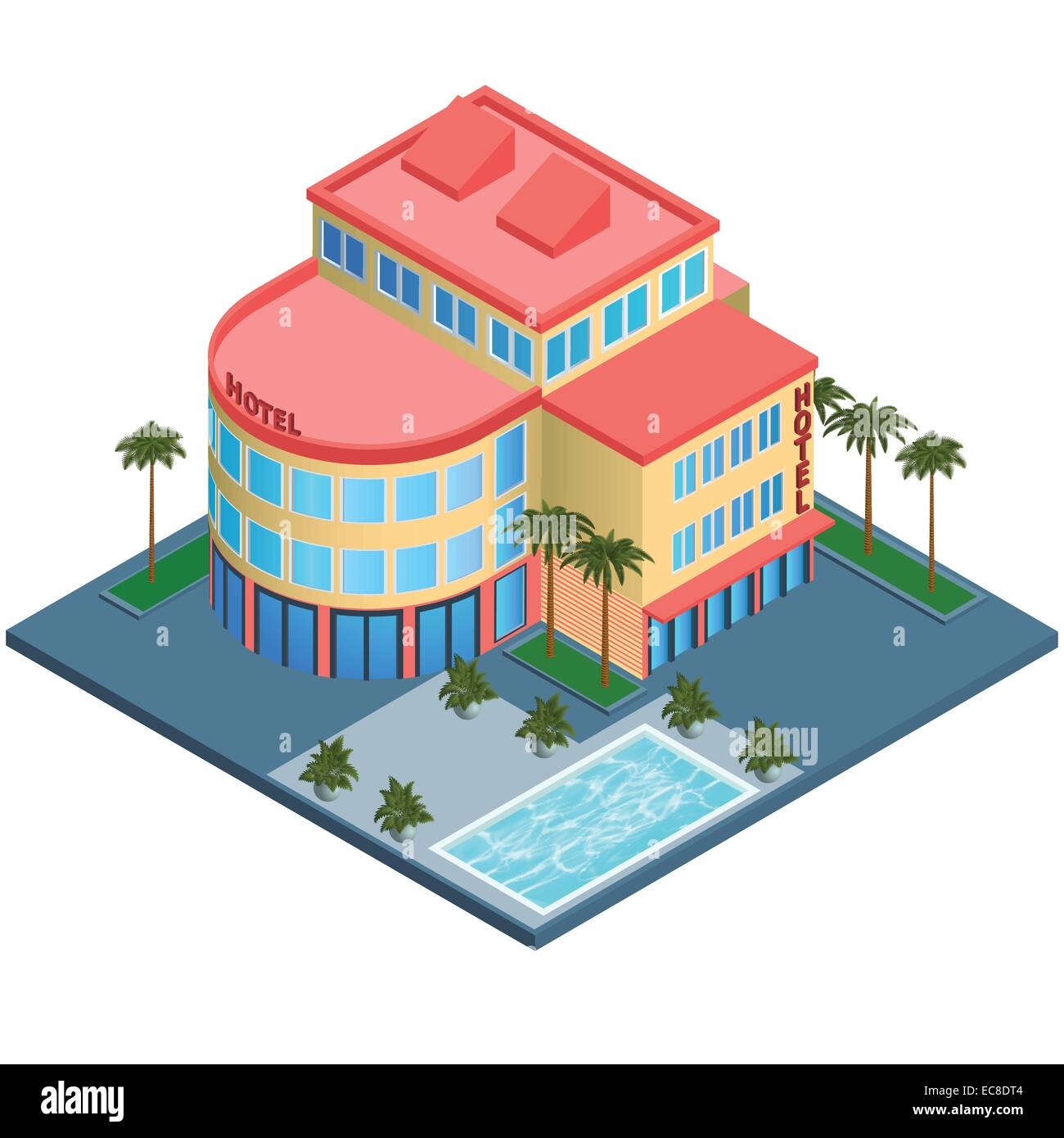 Modern 3d urban hotel building with palms and water pool isometric ...