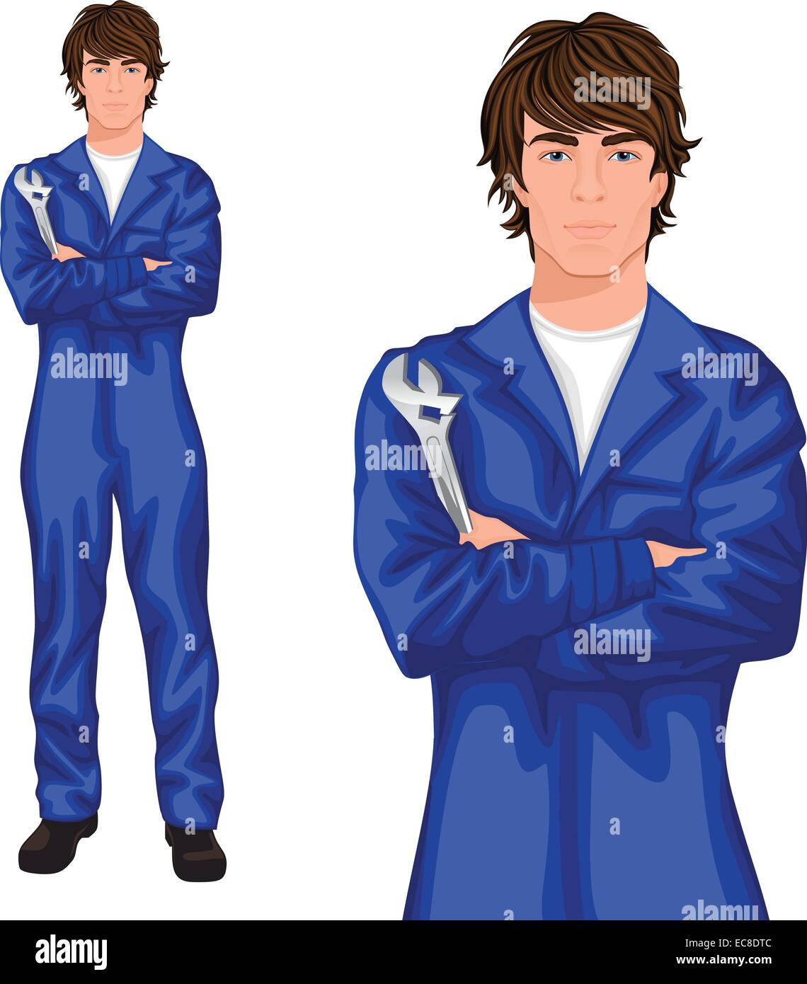 Young handsome male auto mechanic worker standing in blue overall with ...