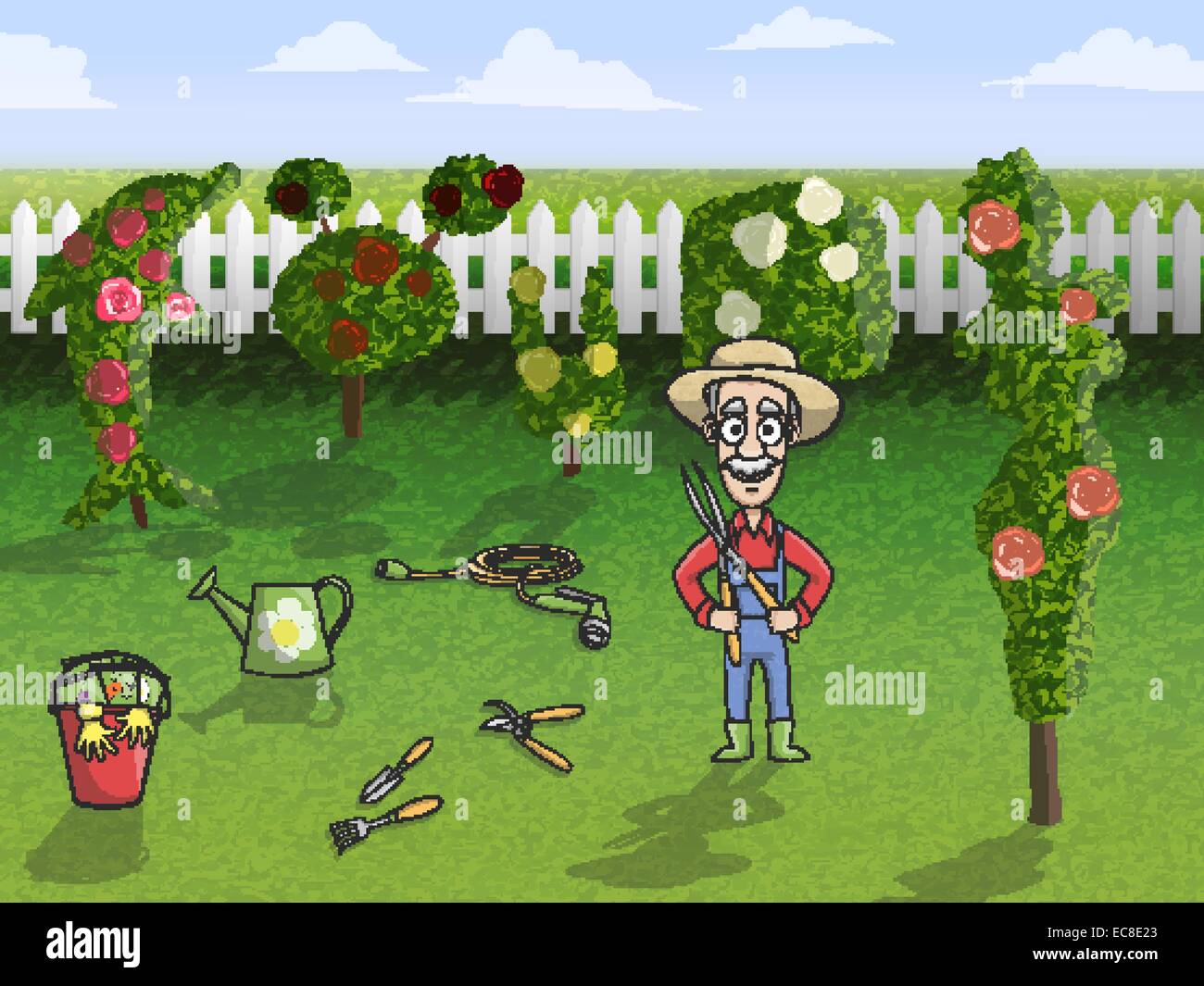 Happy gardener cartoon character in hat with tree pruner working in ...