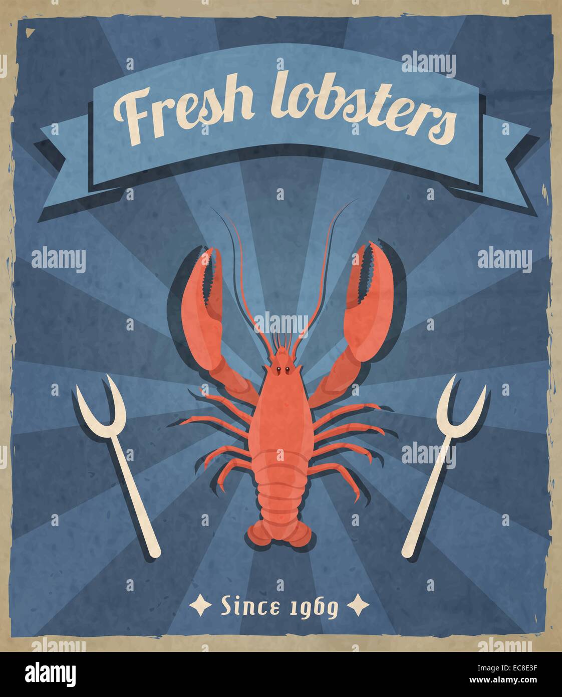 Fresh lobster retro vintage restaurant advertising poster with beam ...