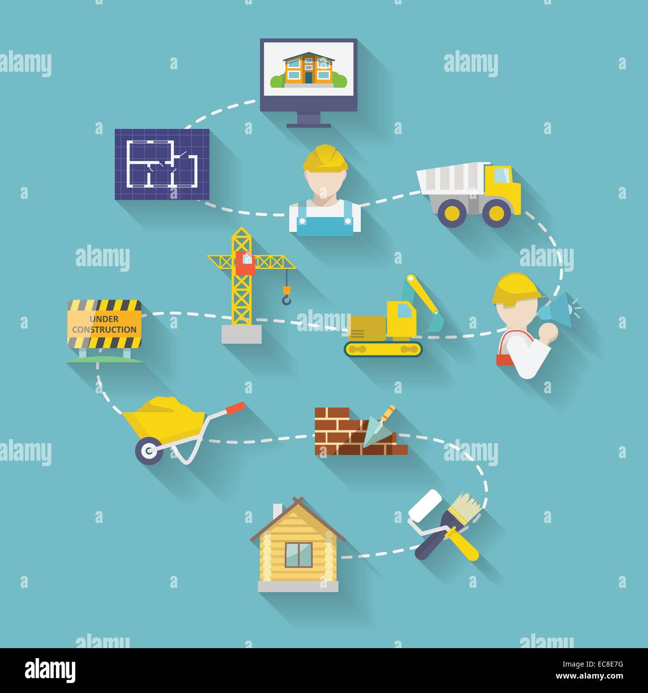 Construction industry house building stages elements flat design vector ...