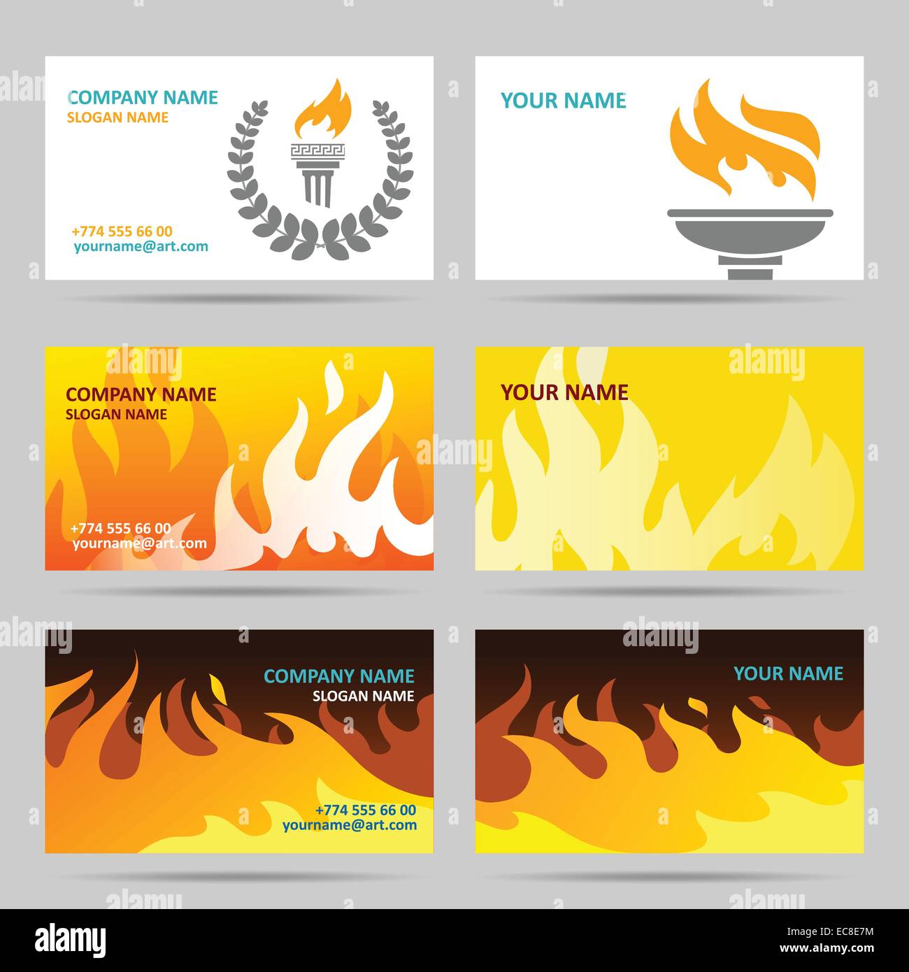 Fire fiery flames torch and laurel wreath paper business card set ...