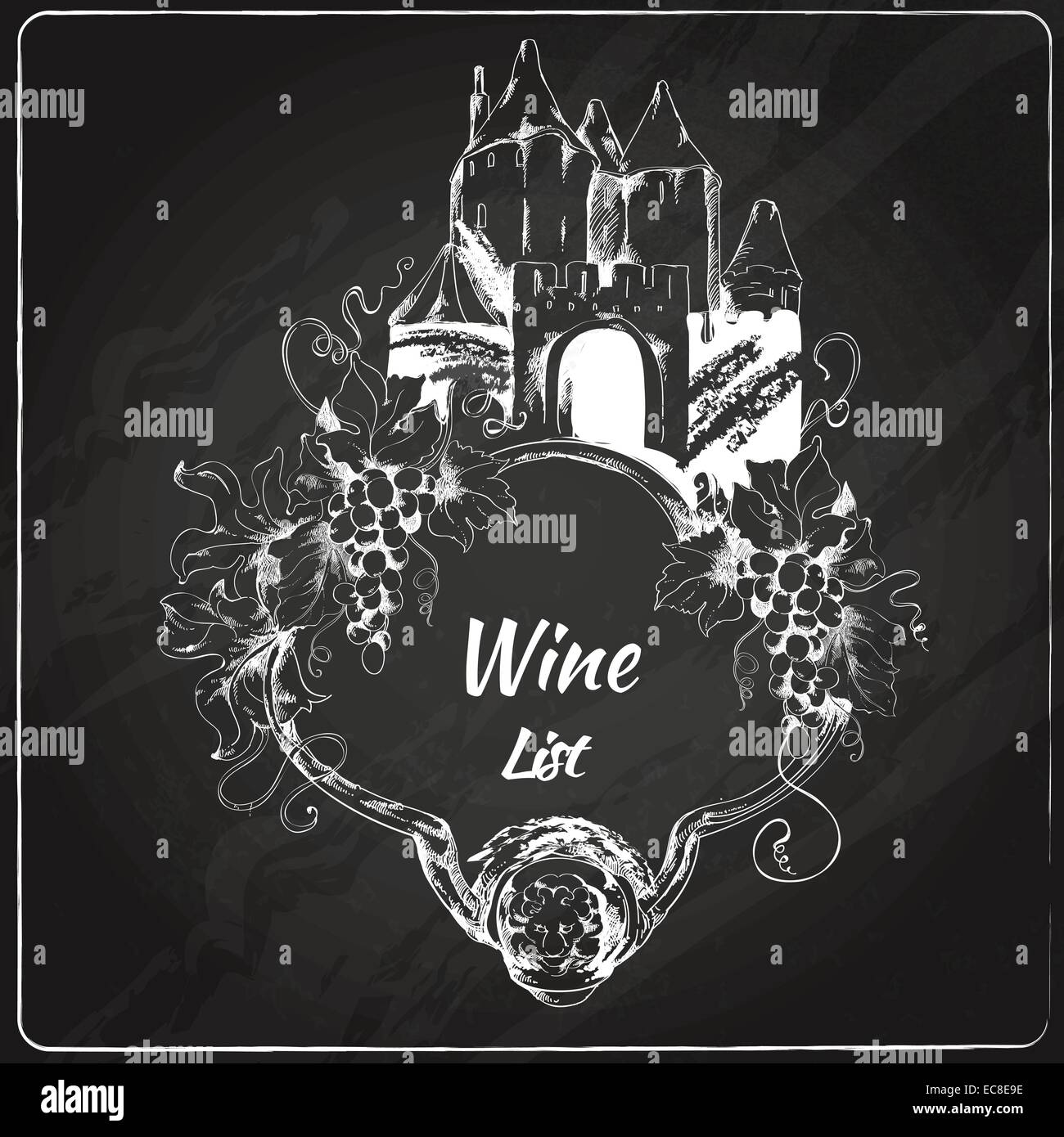 Wine restaurant list card chalkboard label with grape house bottle ...