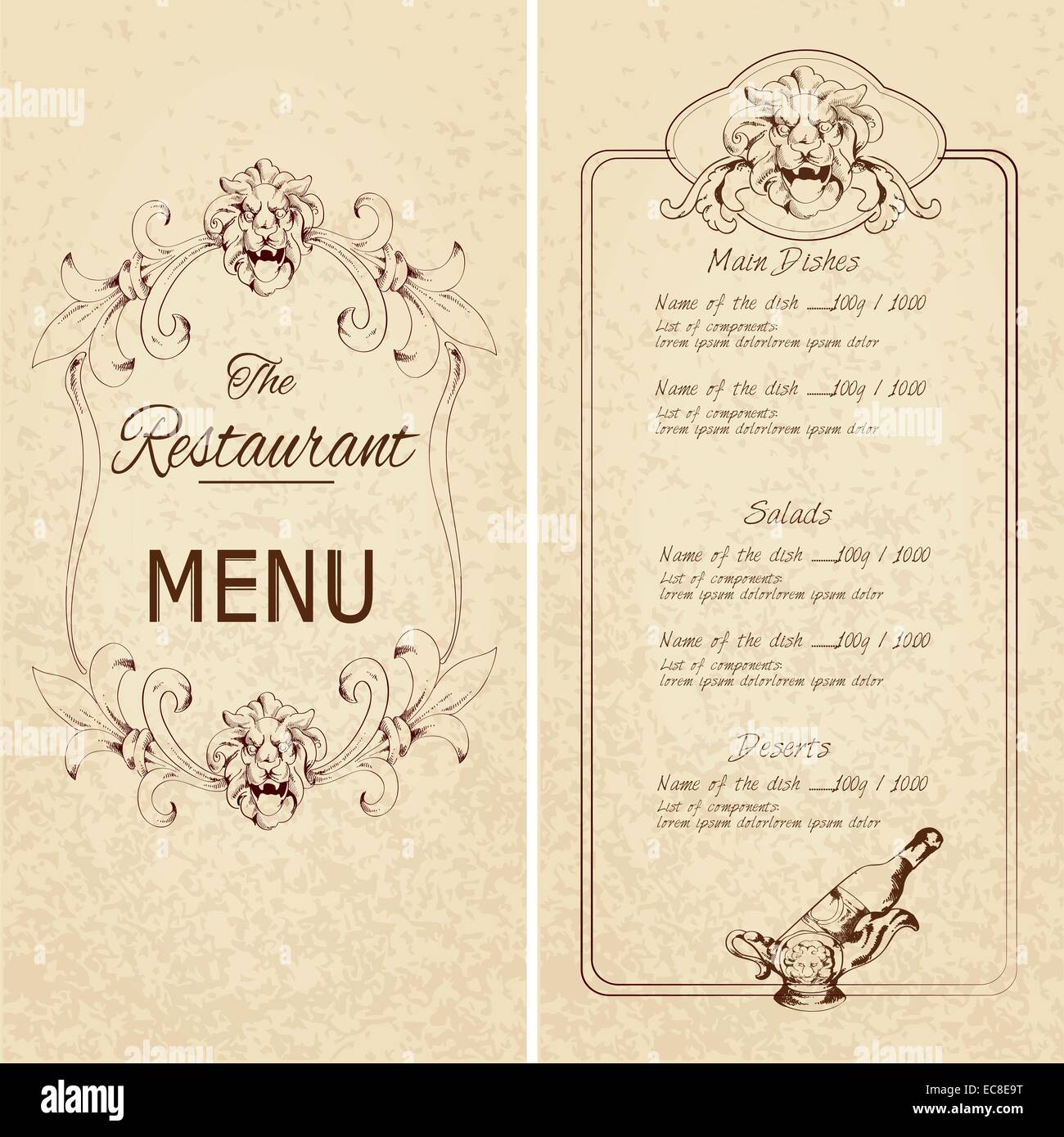 Retro vintage restaurant menu template with lion and wine bottle ...