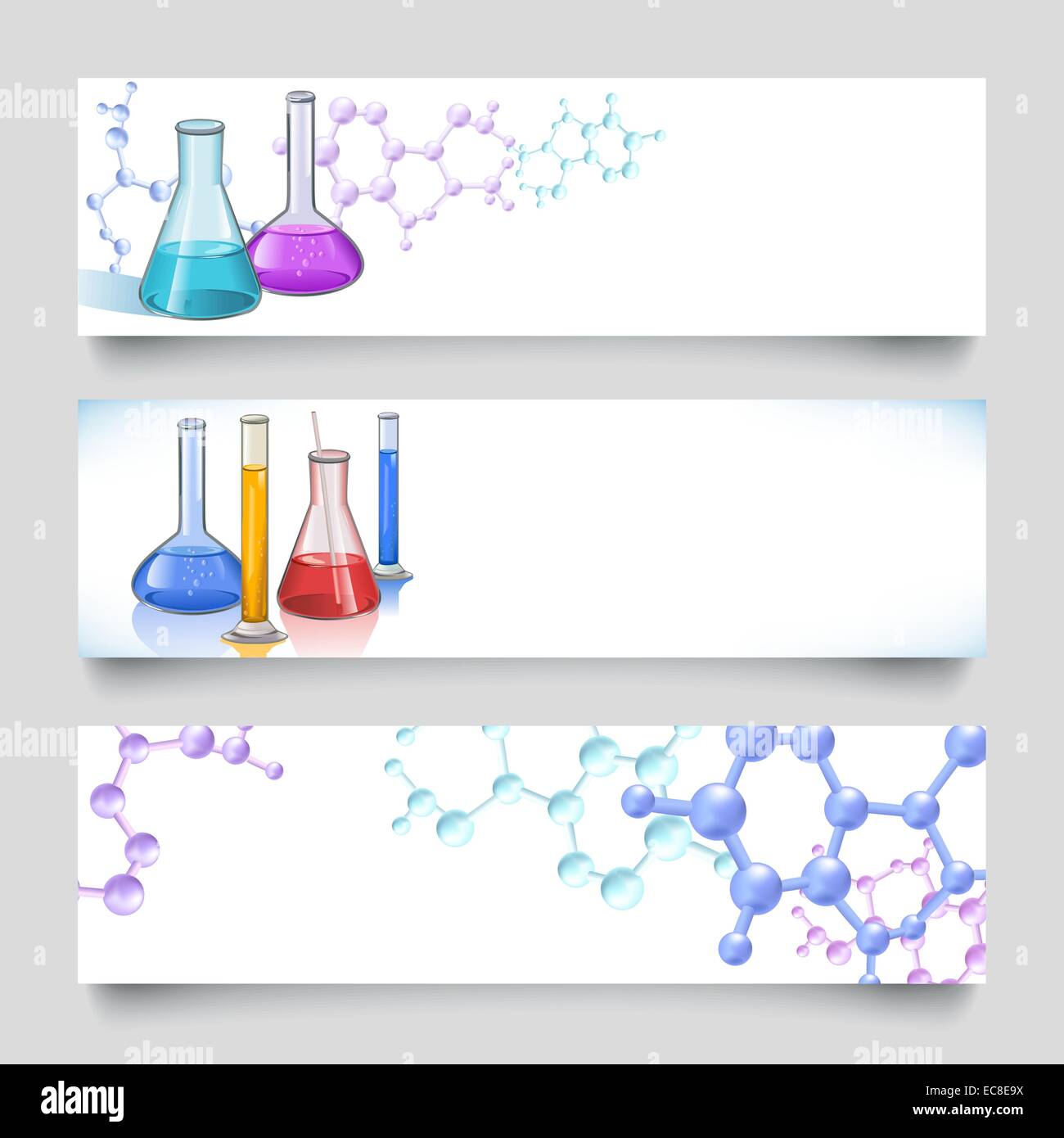 Chemical laboratory glassware flasks and tubes banner set with ...
