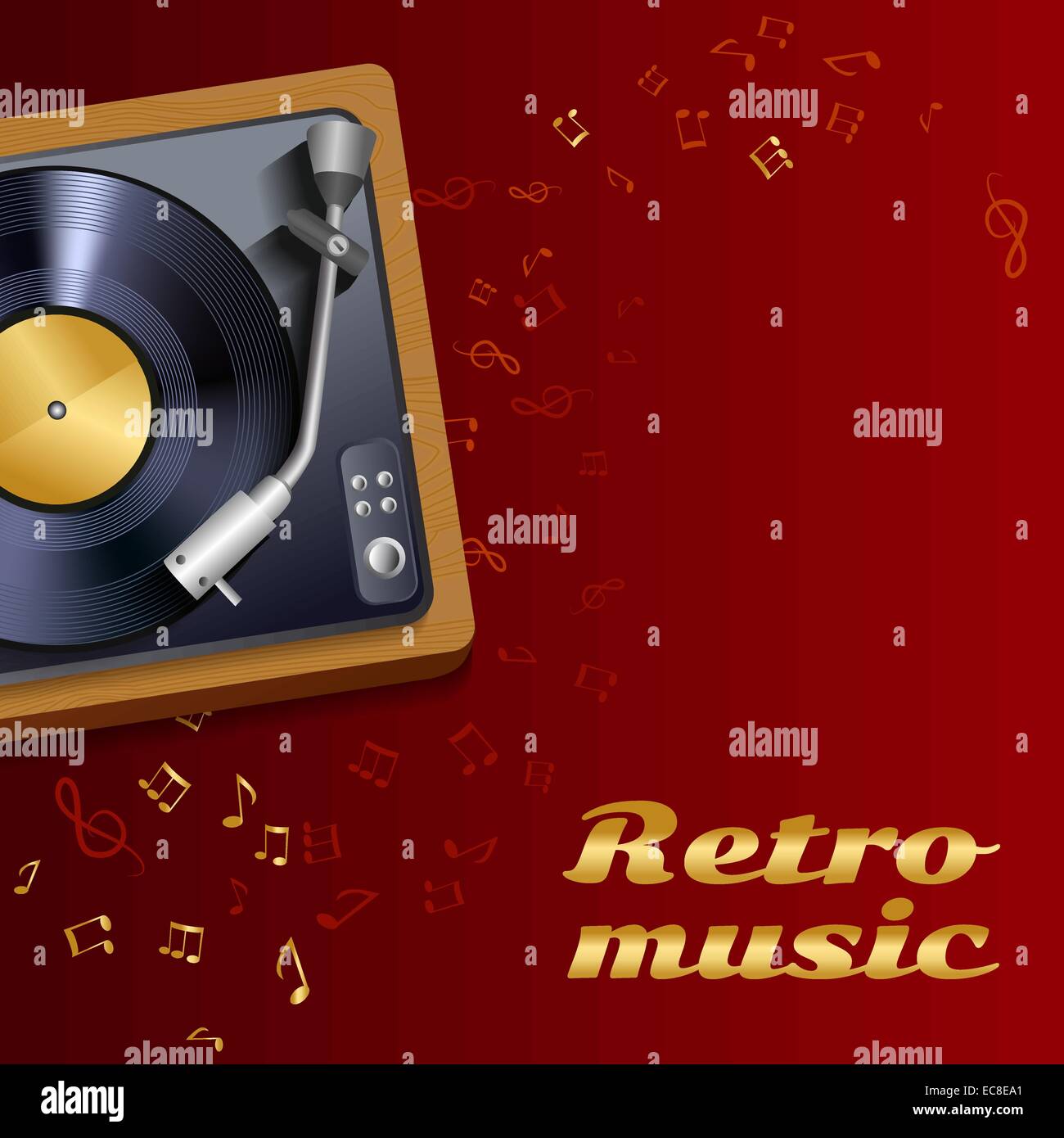 Vintage retro vinyl record player or gramophone poster with music notes ...