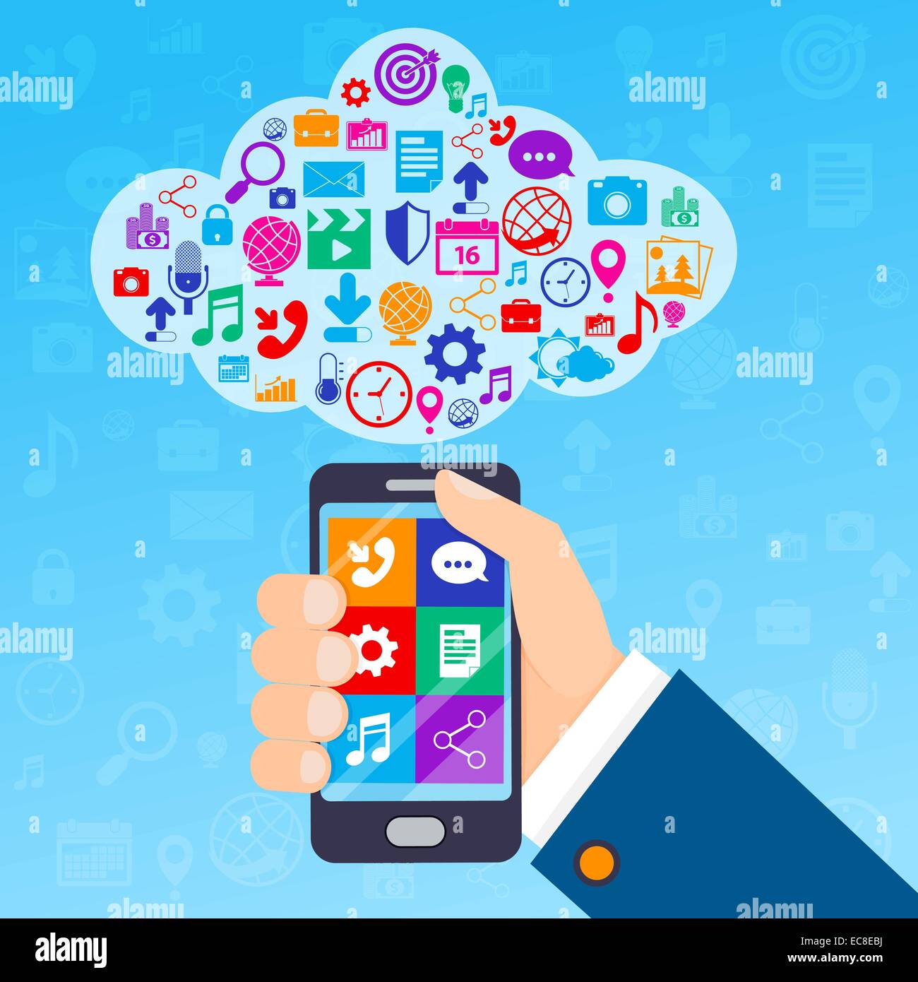 Mobile phone services poster with hand and cloud of icons vector ...