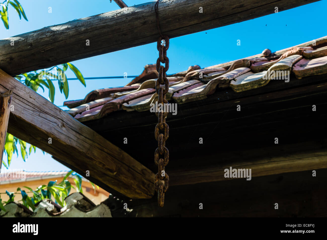 A hanging rusty old chain on a large wooden pillar Stock Photo - Alamy