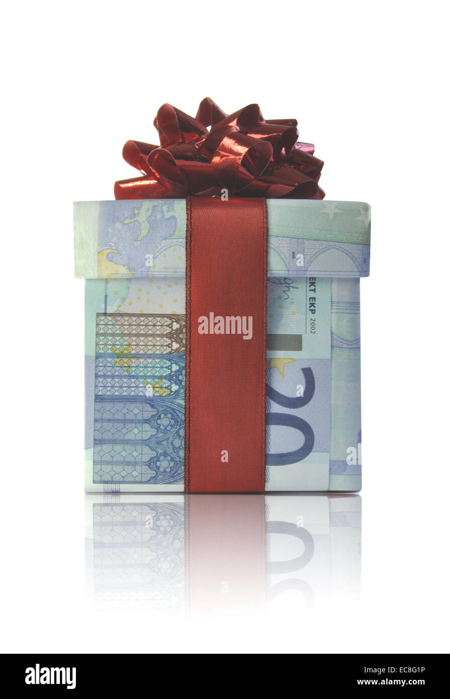 Gift box wrapped with euro banknotes with a red ribbon Stock Photo - Alamy