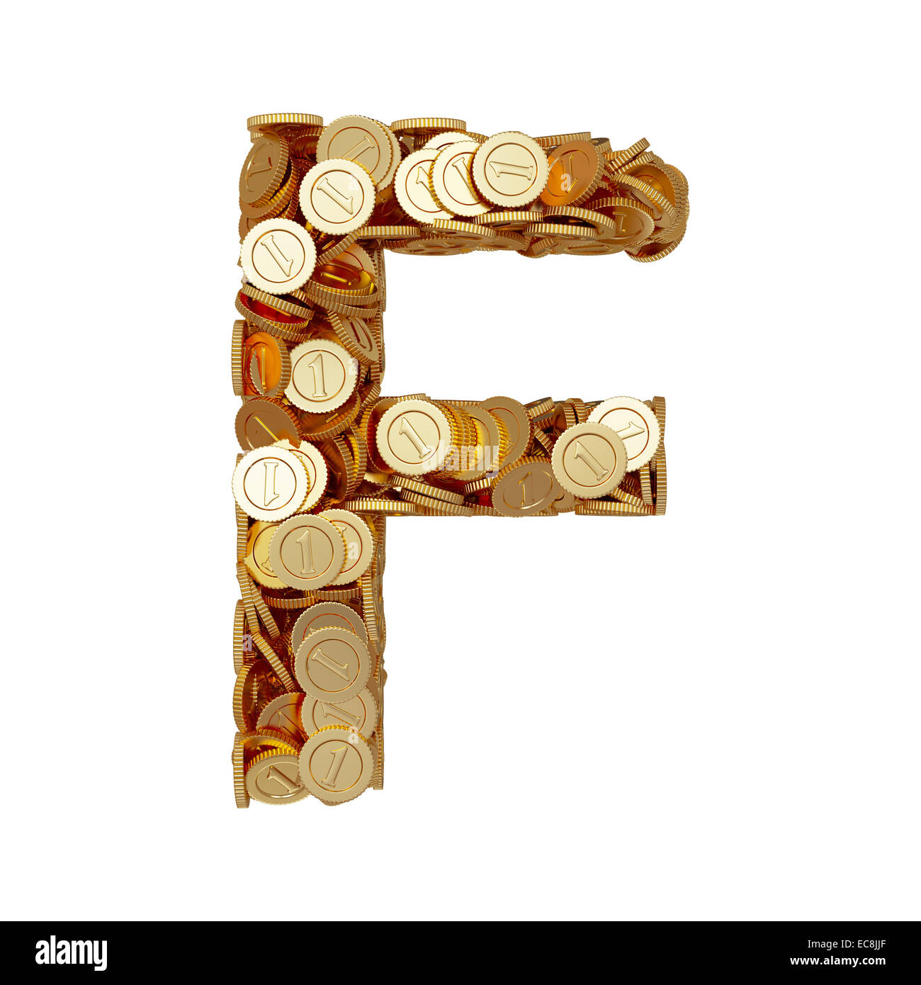3d illustration of alphabet letter F with golden coins isolated on ...
