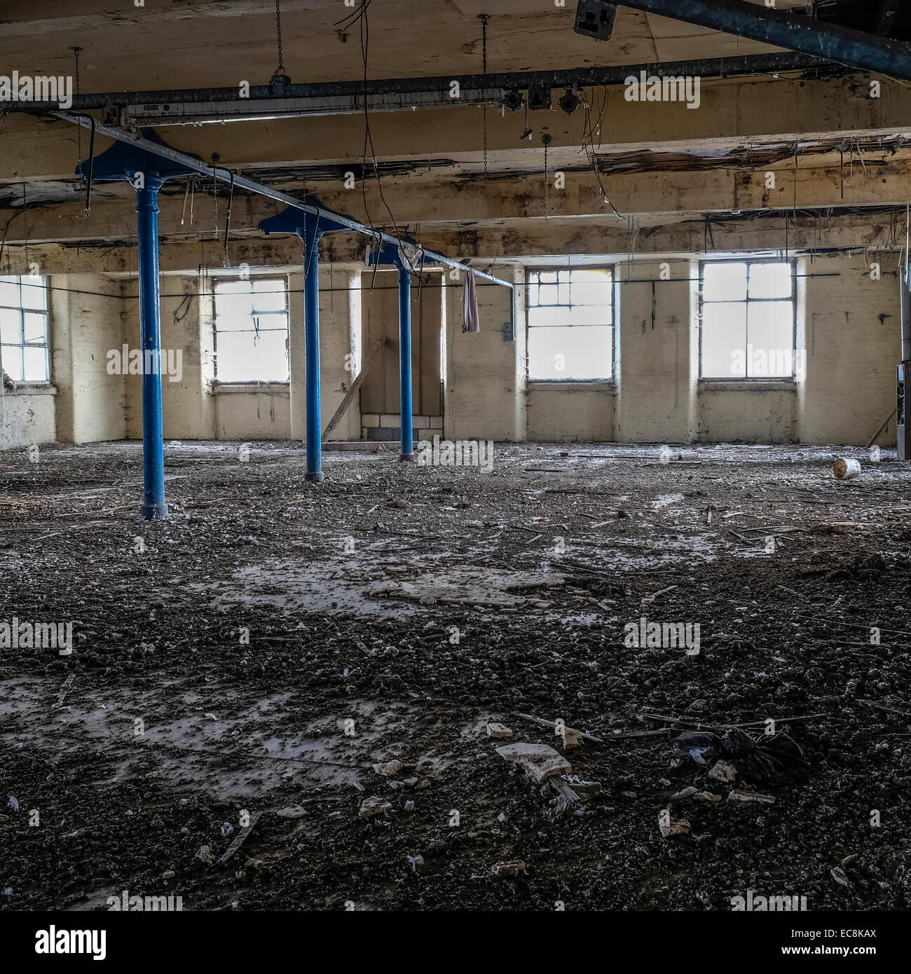 Disused old Lancashire cotton mill in a state of decay with a lot of ...