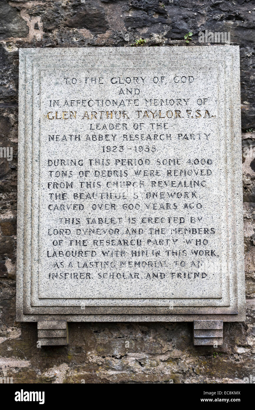 Plaque commemorating the work of Glen Arthur Taylor at Neath Abbey ...