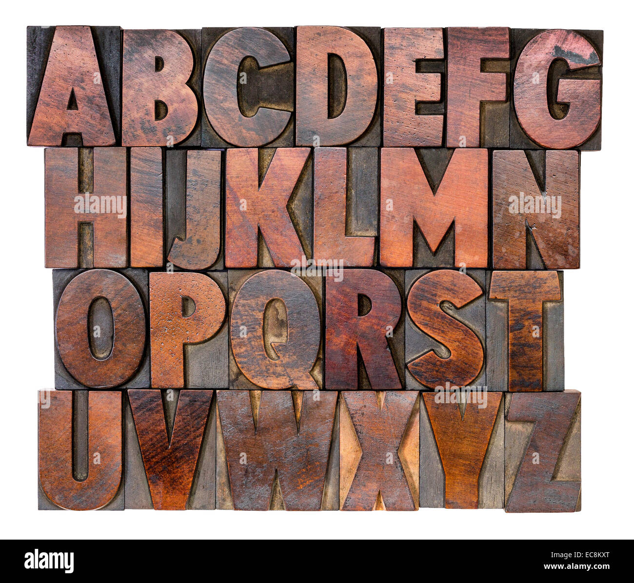 English alphabet in letterpress wood type printing blocks, stained by ...