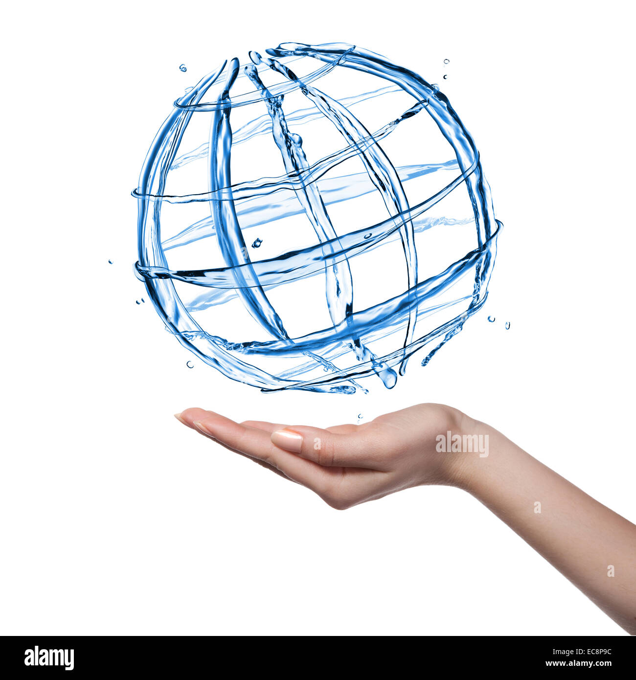 Globe from water with human hand isolated on white Stock Photo - Alamy